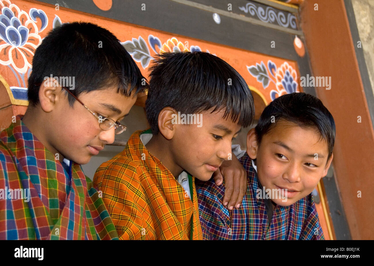 Three students at the Katsho Lower Secondary School, Haa, Bhutan Stock ...