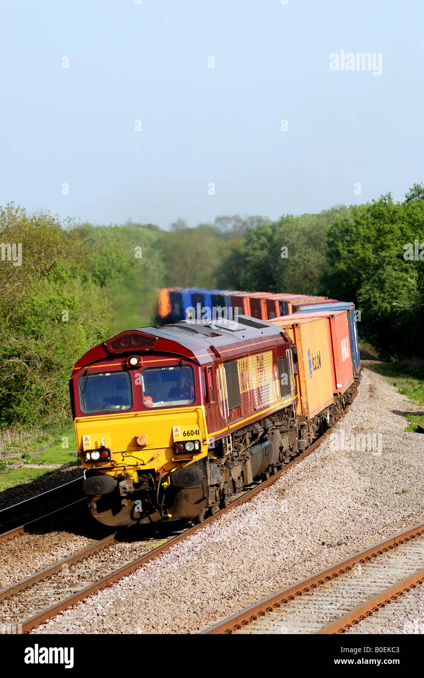 EWS class 66 diesel locomotive pulling freightliner train, Warwickshire ...