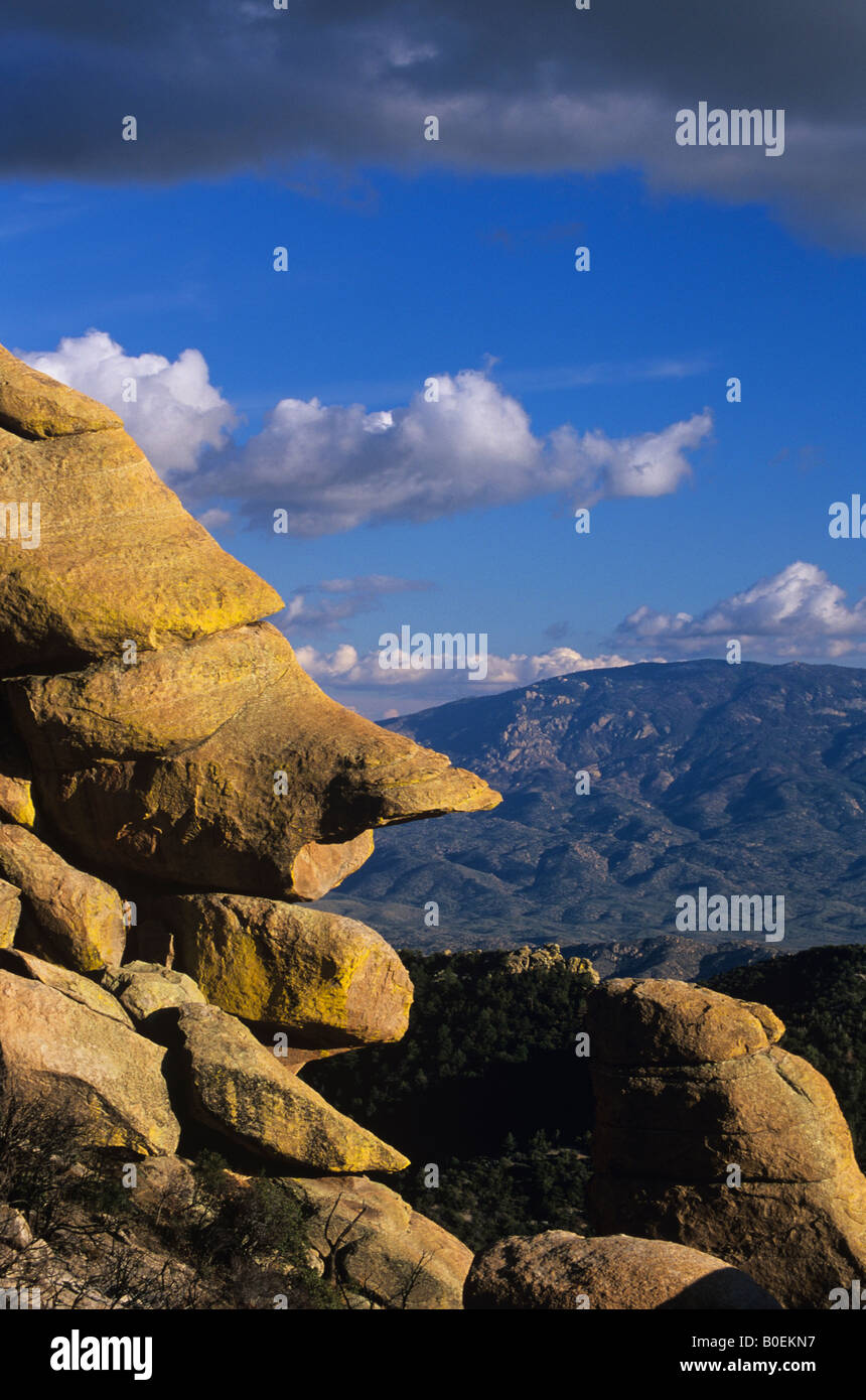 A head shaped rock formation lit amber by evening light against a ...