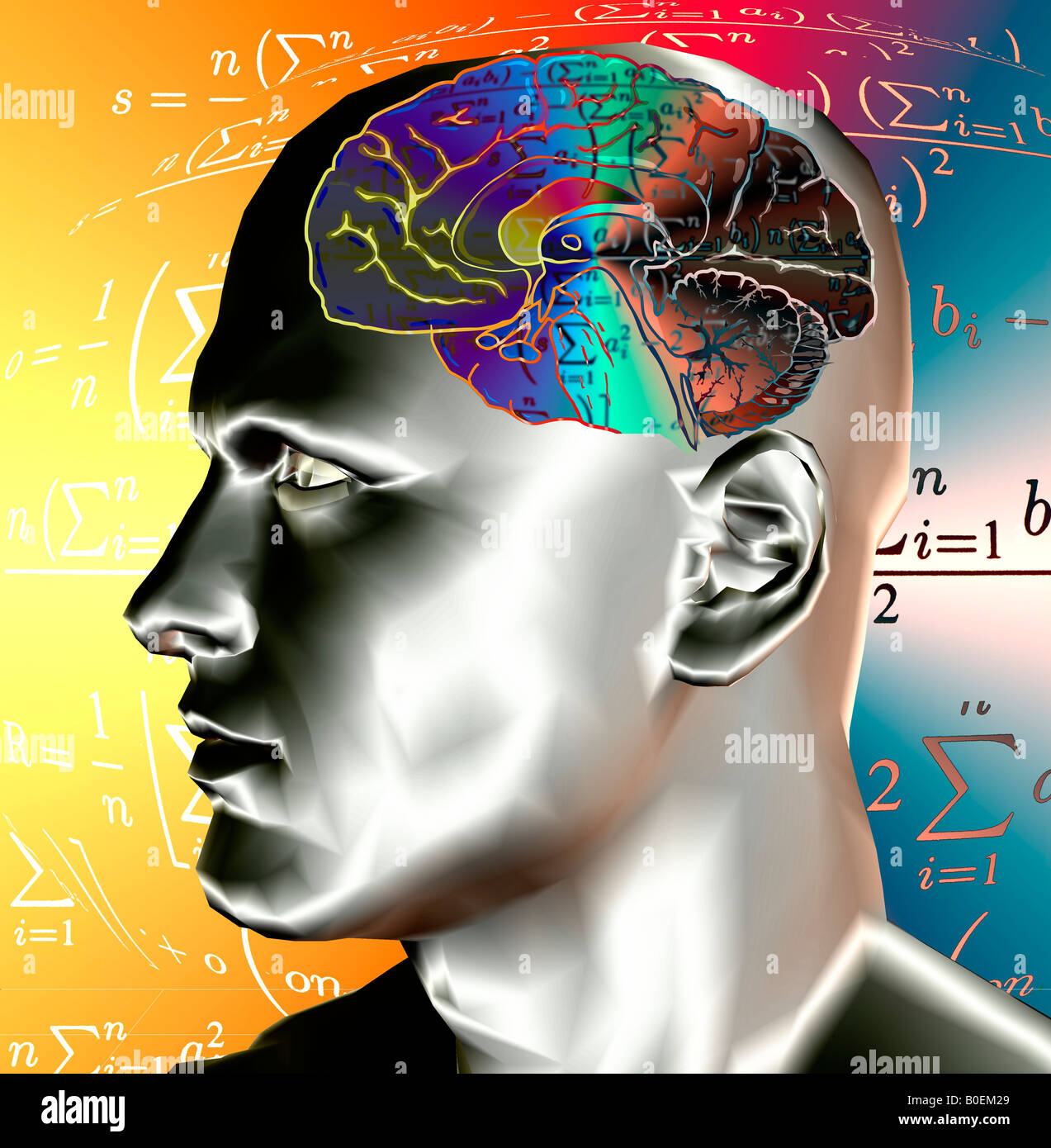 futuristic 3D computer generated male robot head with brain digitally ...