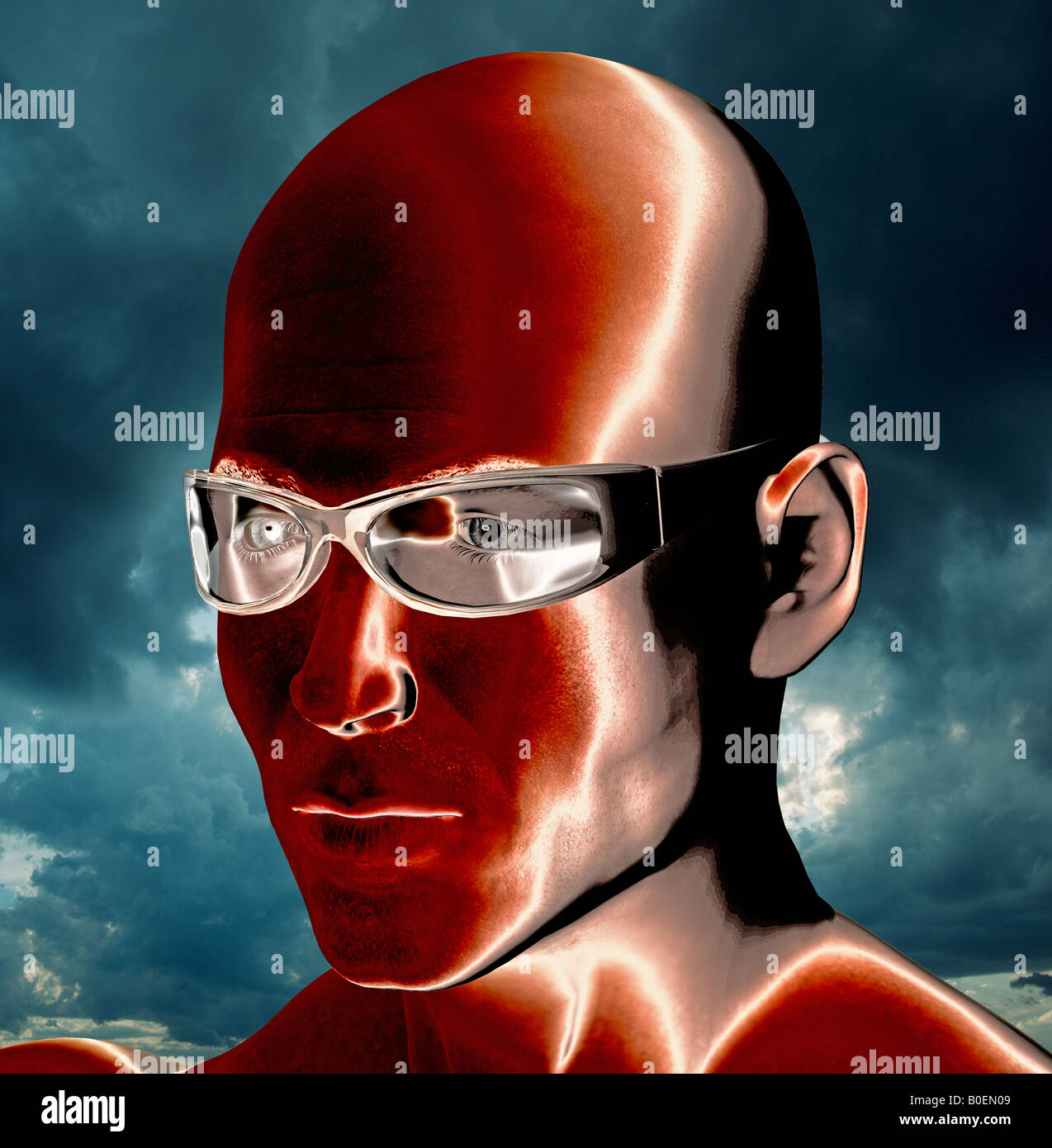 futuristic 3D computer generated male robot head wearing goggles with ...