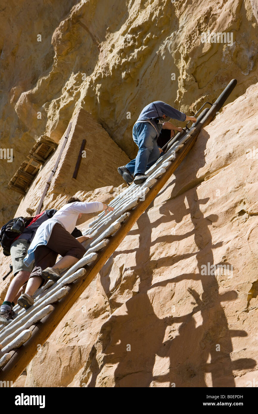 Park visitors climb a ladder to the entrance of Balcony House Mesa ...