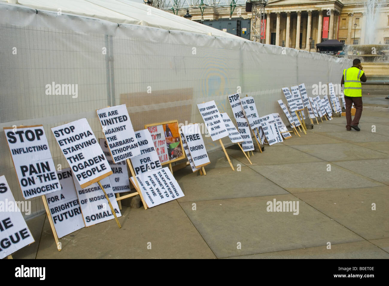 Banners and signs before a peace rally at Trafalgar Square in London UK ...