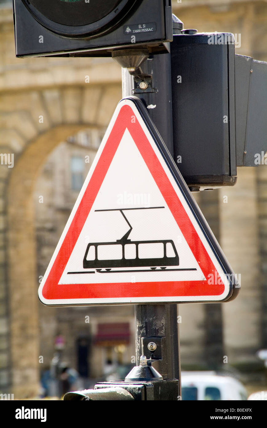 tram warning road sign trams tramlines lines red triangle city ...