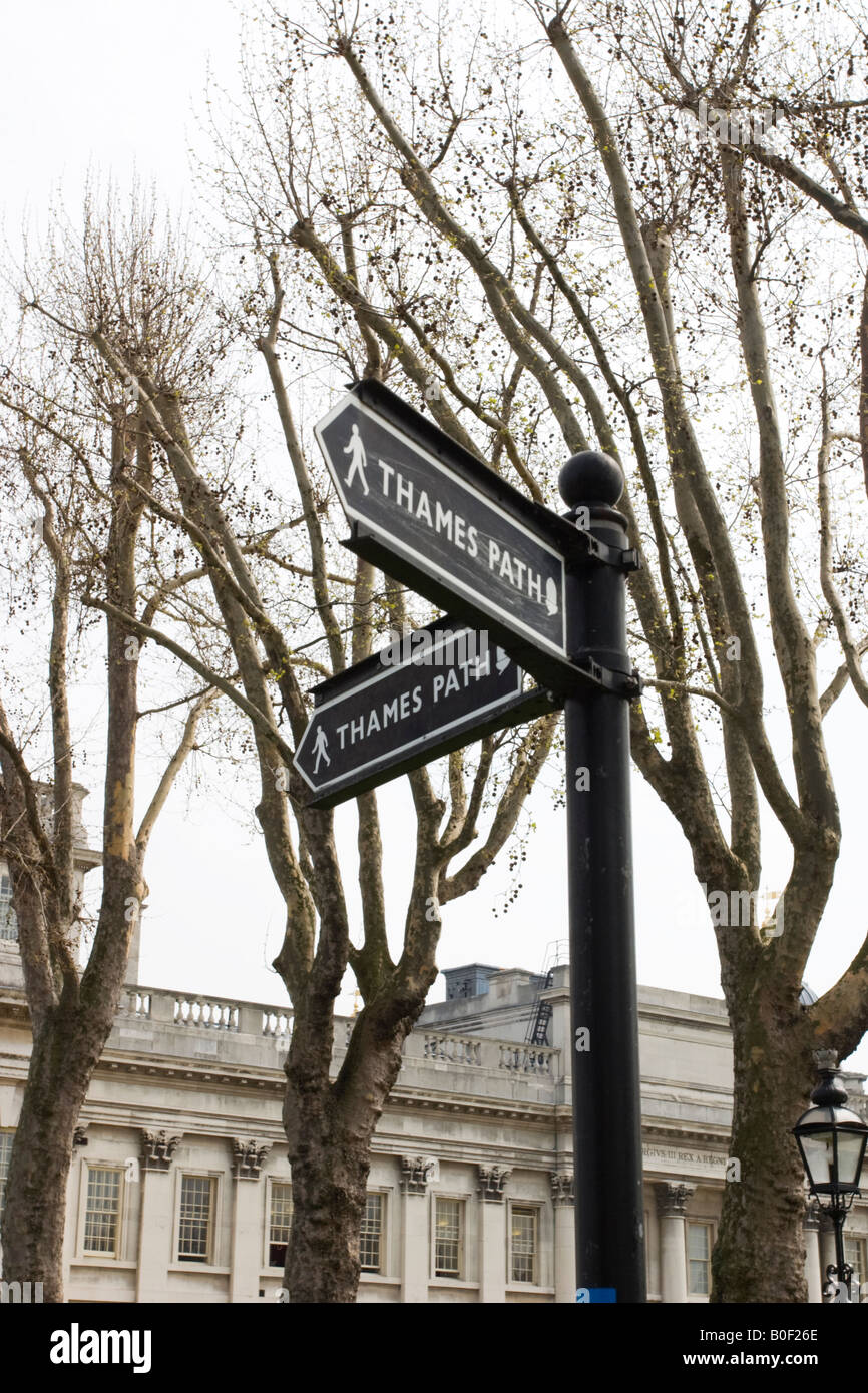 Thames Path Sign at Greenwich with London Plane trees and the Old Royal ...