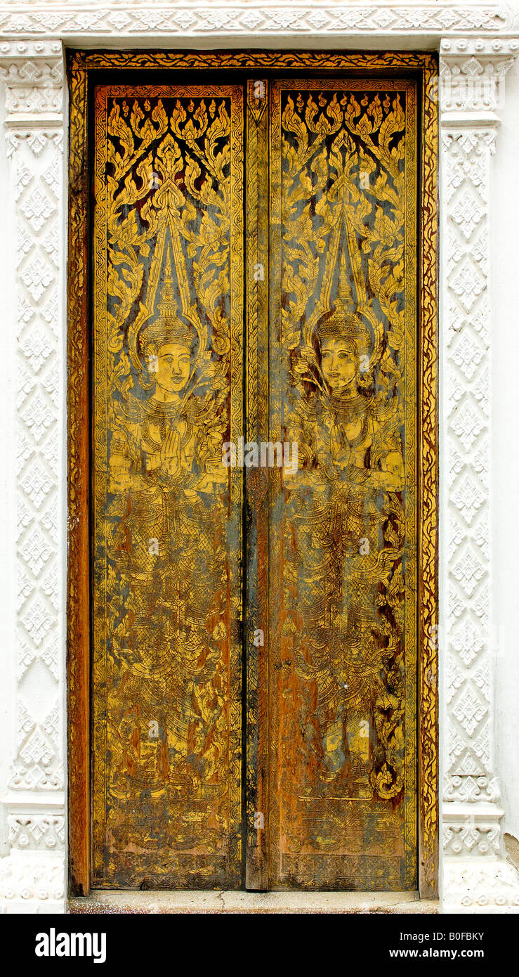 Antique, gold leaf doors from Wat Haripunchai, Lampun, Thailand ...