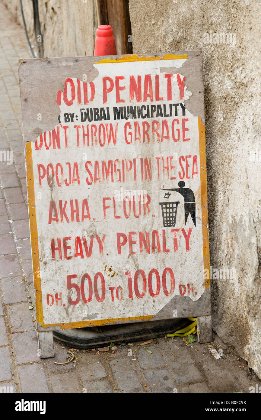 Dubai, United Arab Emirates (UAE). The Cloth Souk (market). Sign near a ...