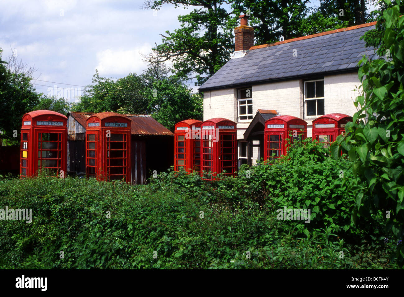 collection of traditional british red telephone boxes standing in a ...