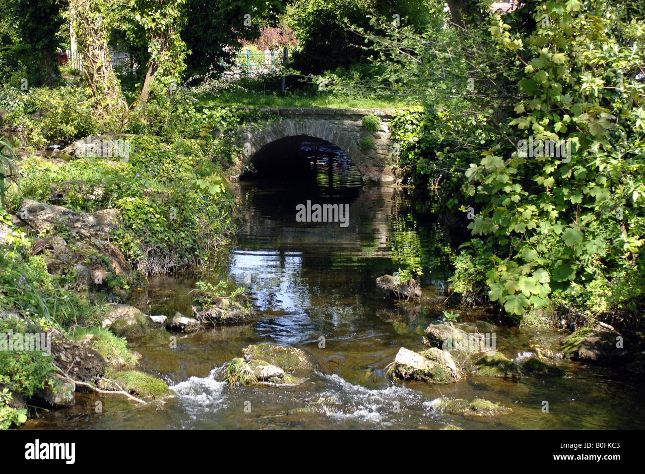 Medieval pedestrian bridge over a small river in Somerset England Stock ...