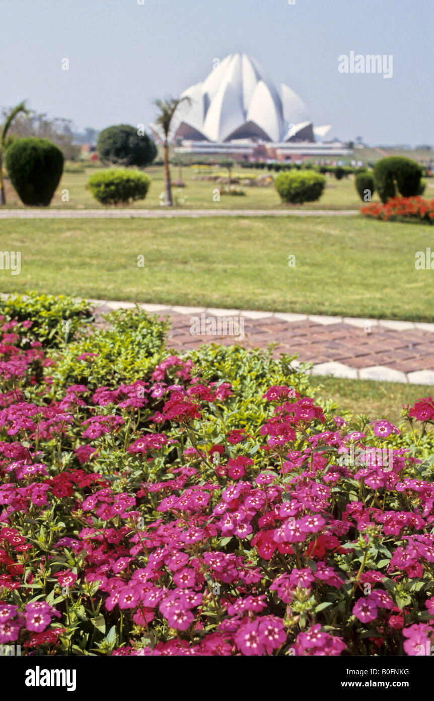The garden and flowers around the Lotus temple, a Bahai house of ...