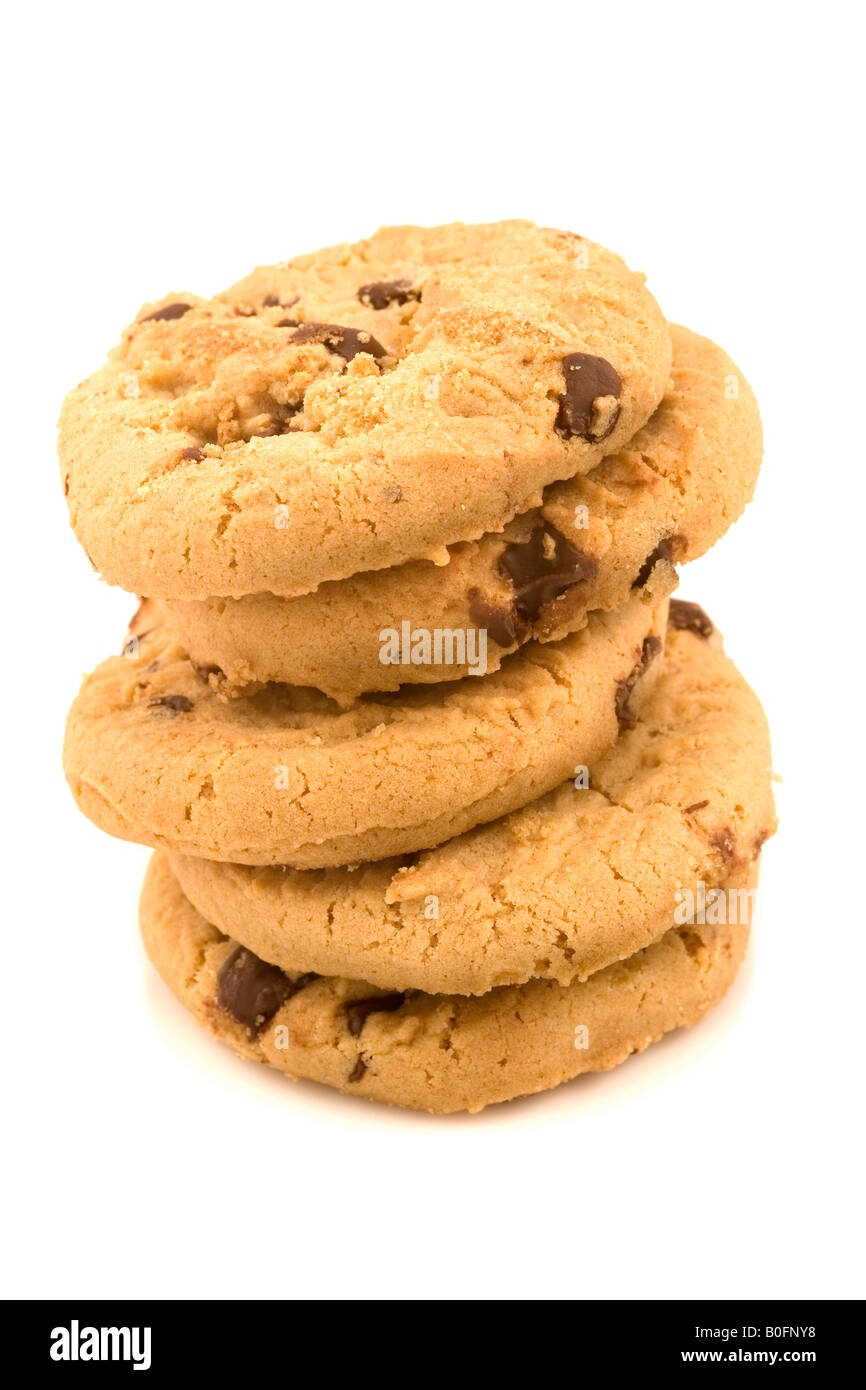 A stack of five chocolate chip cookies, evenly lit, isolated on a white ...