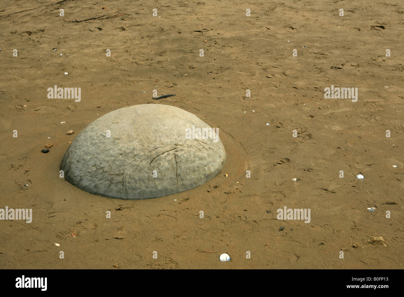 A giant ball shaped boulder almost covered in sand on the beach at ...