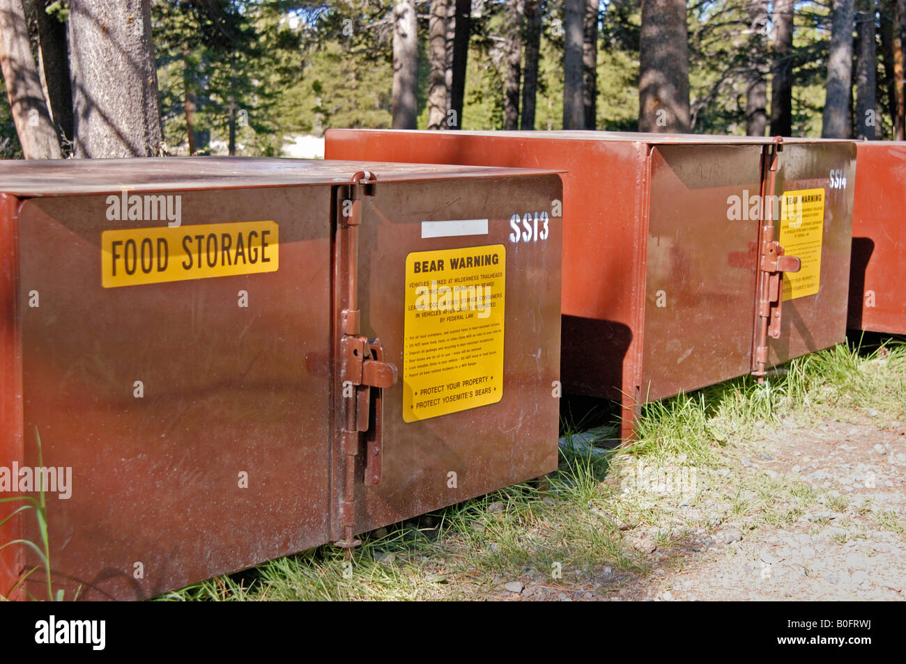 Sign warning of bear habitat on food locker Tuolumne Meadows Yosemite ...