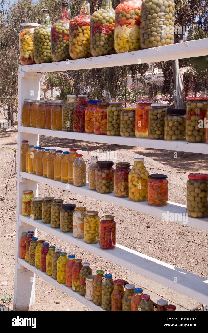 Jars of olives and pickles for sale at a roadside stand in Baja ...