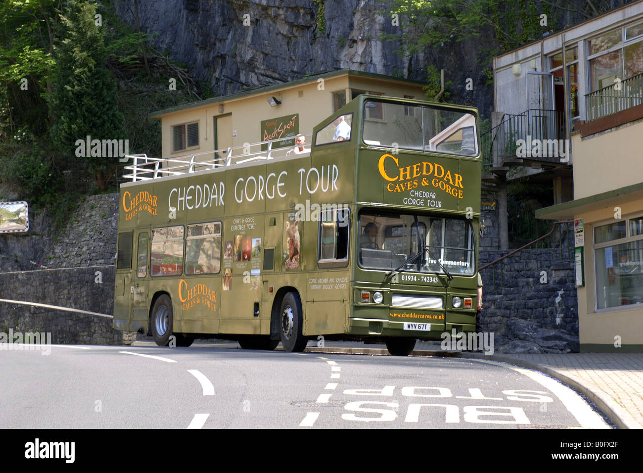 Cheddar Gorge open top tourist bus Somerset England Stock Photo - Alamy