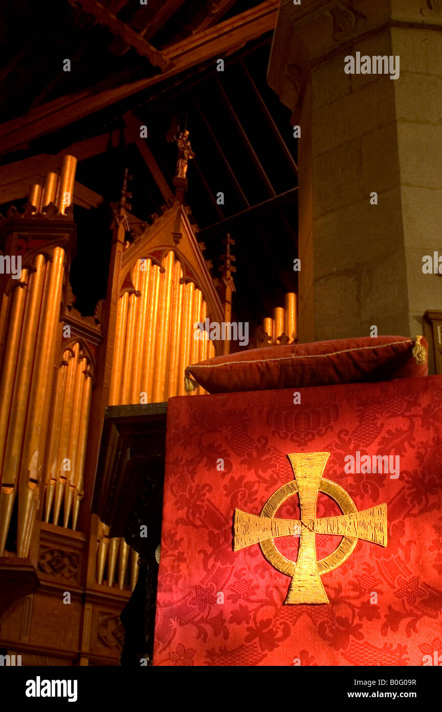 Pulpit and organ in the Norman church of St Cuthbert in Norham Stock ...