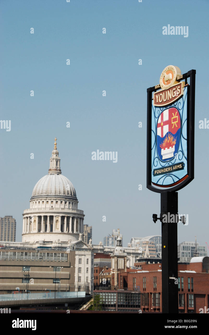 Founders Arms pub sign showing view of St Paul's Cathedral Bankside ...