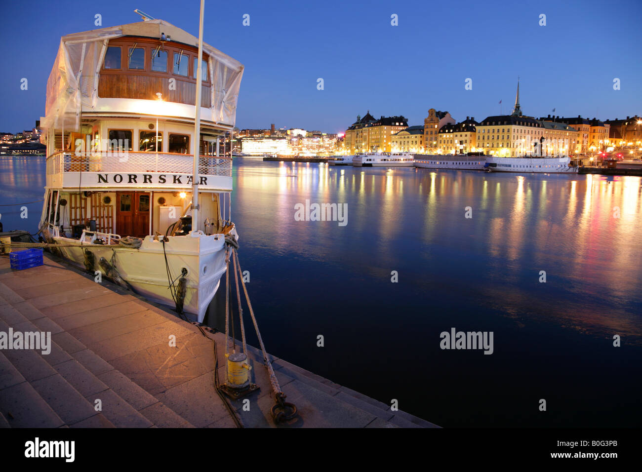Pleasure boat Norrskar moored in the Strommen, oppposite the Old Town ...