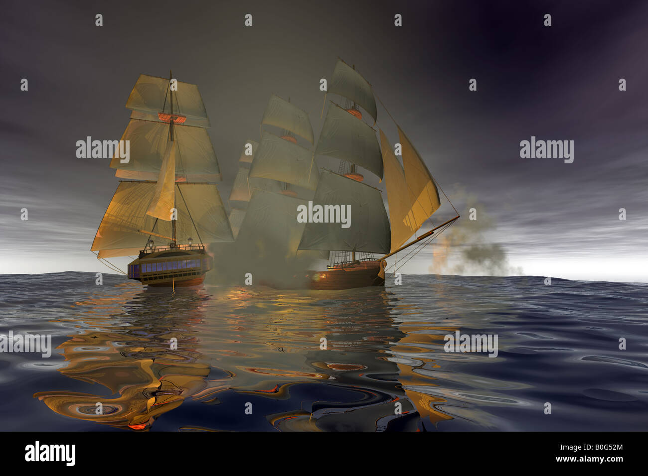 Pirate ship attacking a merchant vessel on the high seas Stock Photo ...