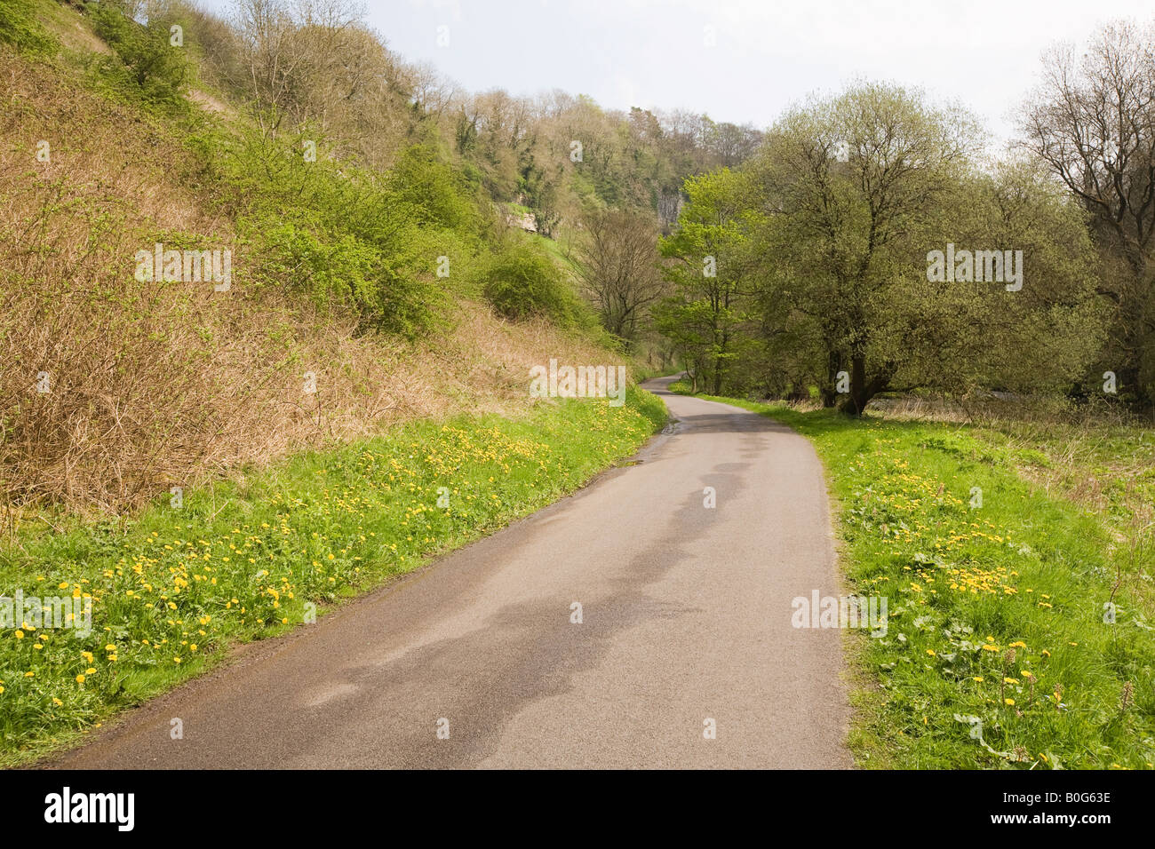 UK Derbyshire Peak District National Park Millers Dale empty road into ...