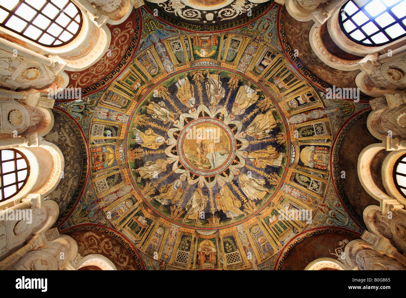 Ceiling mosaic of Christ being baptized in the Arian Baptistery ...