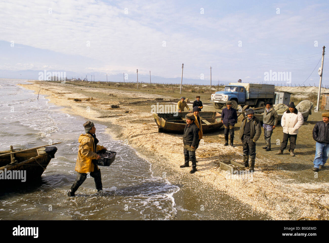 Fishermen on the shore of the Caspian Sea, Lenkoran, Azerbaijan Stock ...