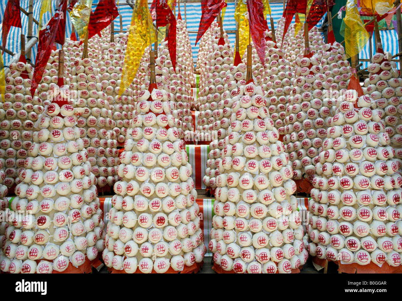 Towers of buns at the Pak Tai Temple during the bun festival, Hong Kong ...