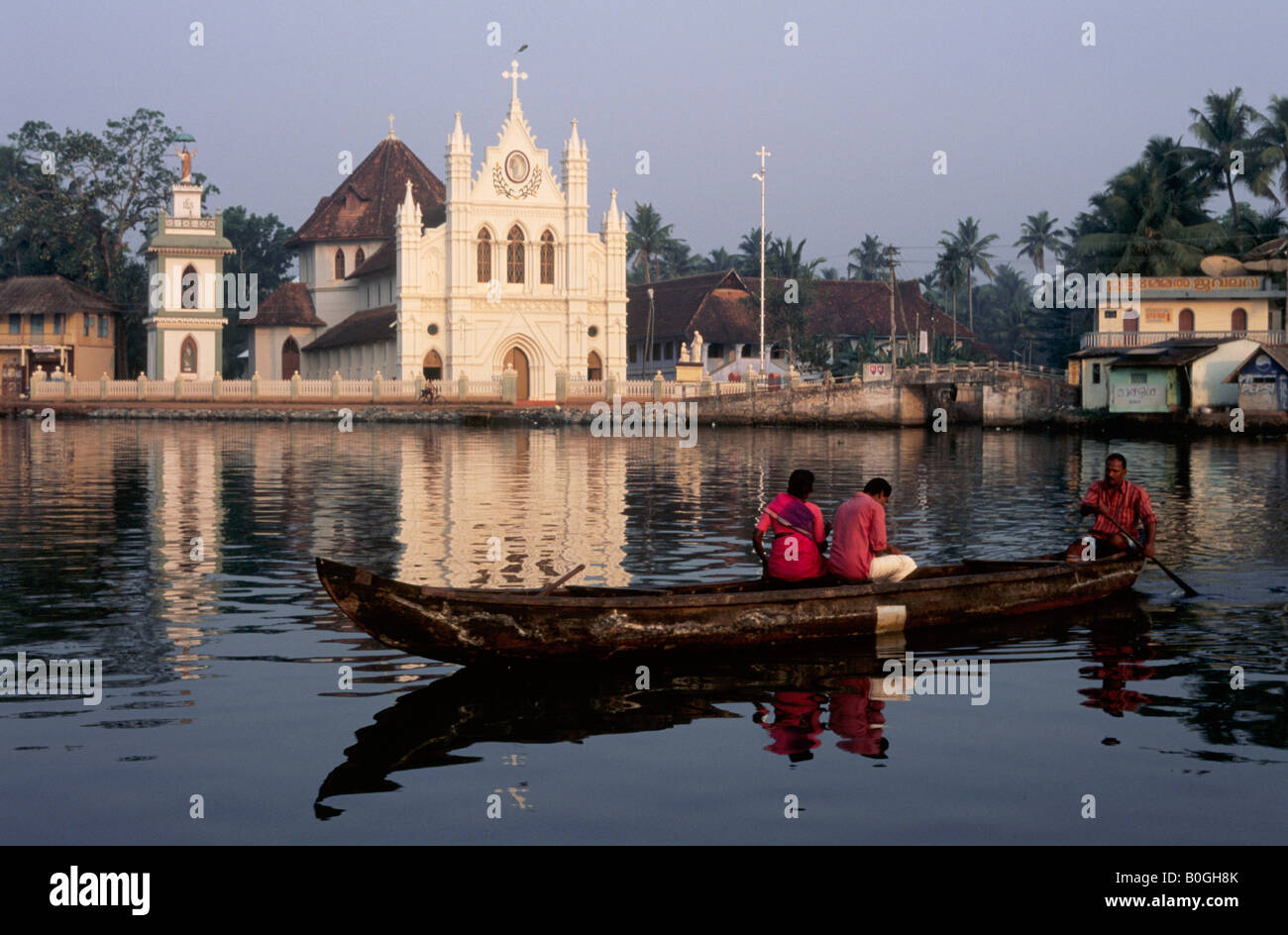 View of St Theresa's Church across the Pamba River, Pulinkunnu, India ...
