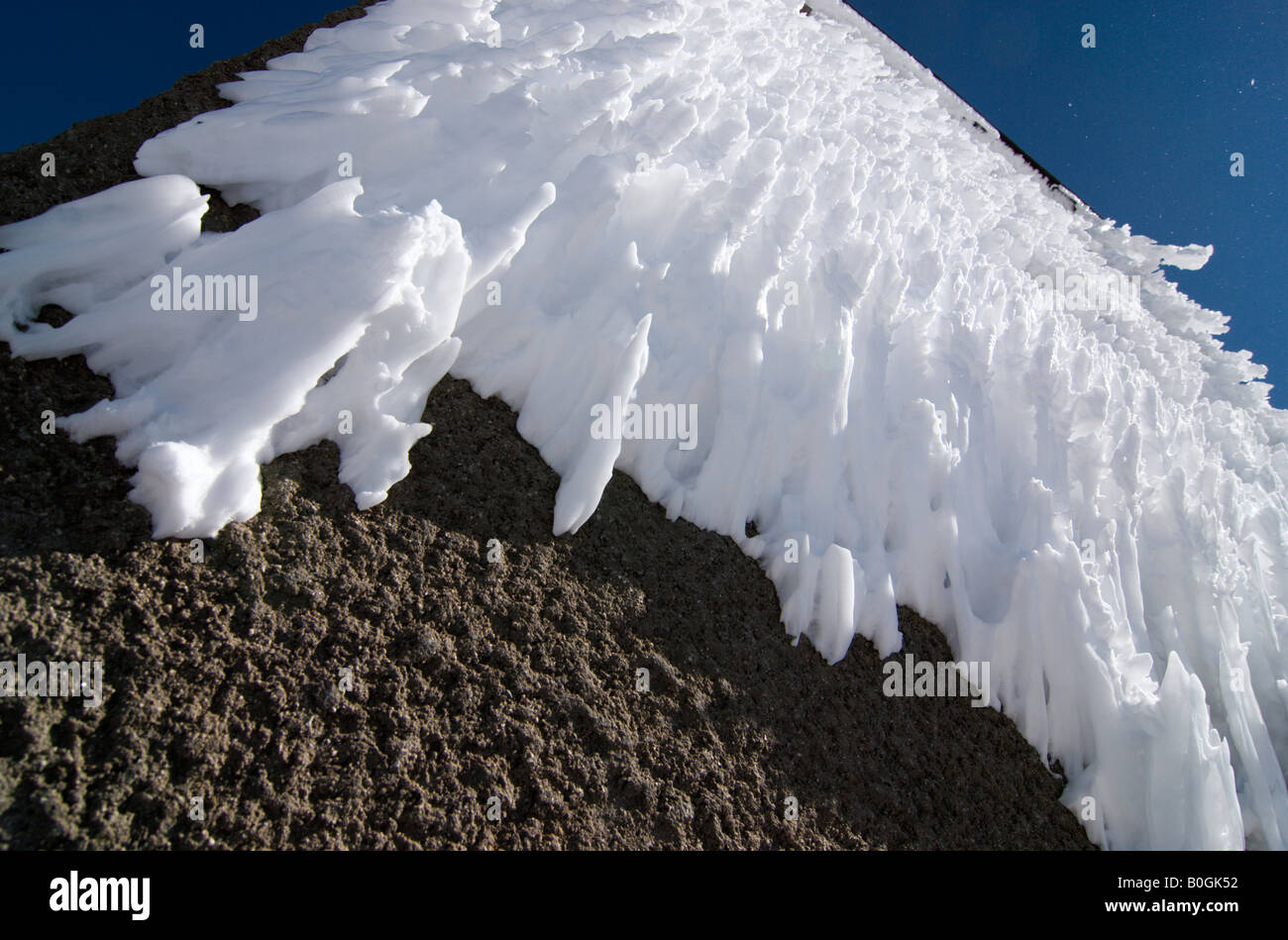 Snow formations packed by high winds on a concrete structure Stock ...