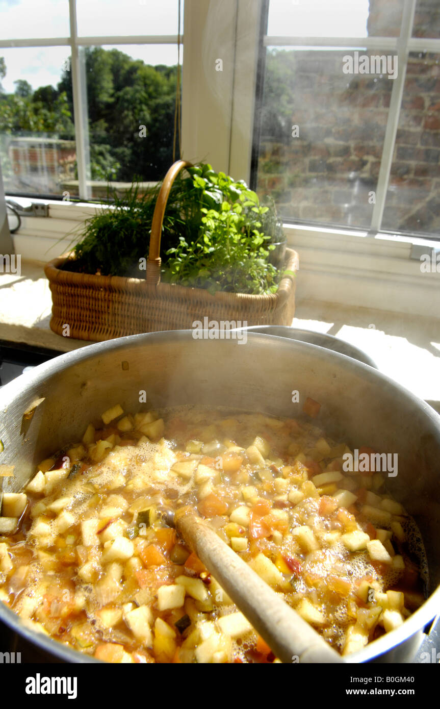 Simmering a pan of ingredients for tomato chutney England Stock Photo ...