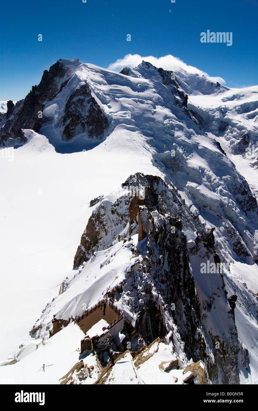 Aiguille du Midi view platform, Cosmiques arete, Mont Blanc du Tacul, Mont Maudit and summit of ...