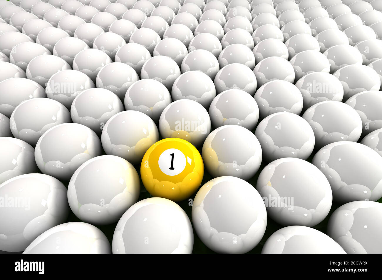 Yellow one ball surrounded by white billiard balls Stock Photo - Alamy