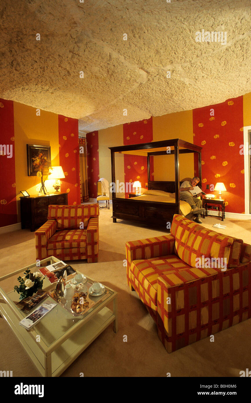 France, Loire, Rochecorbon. Troglodytic bedroom at luxury hotel, Les ...