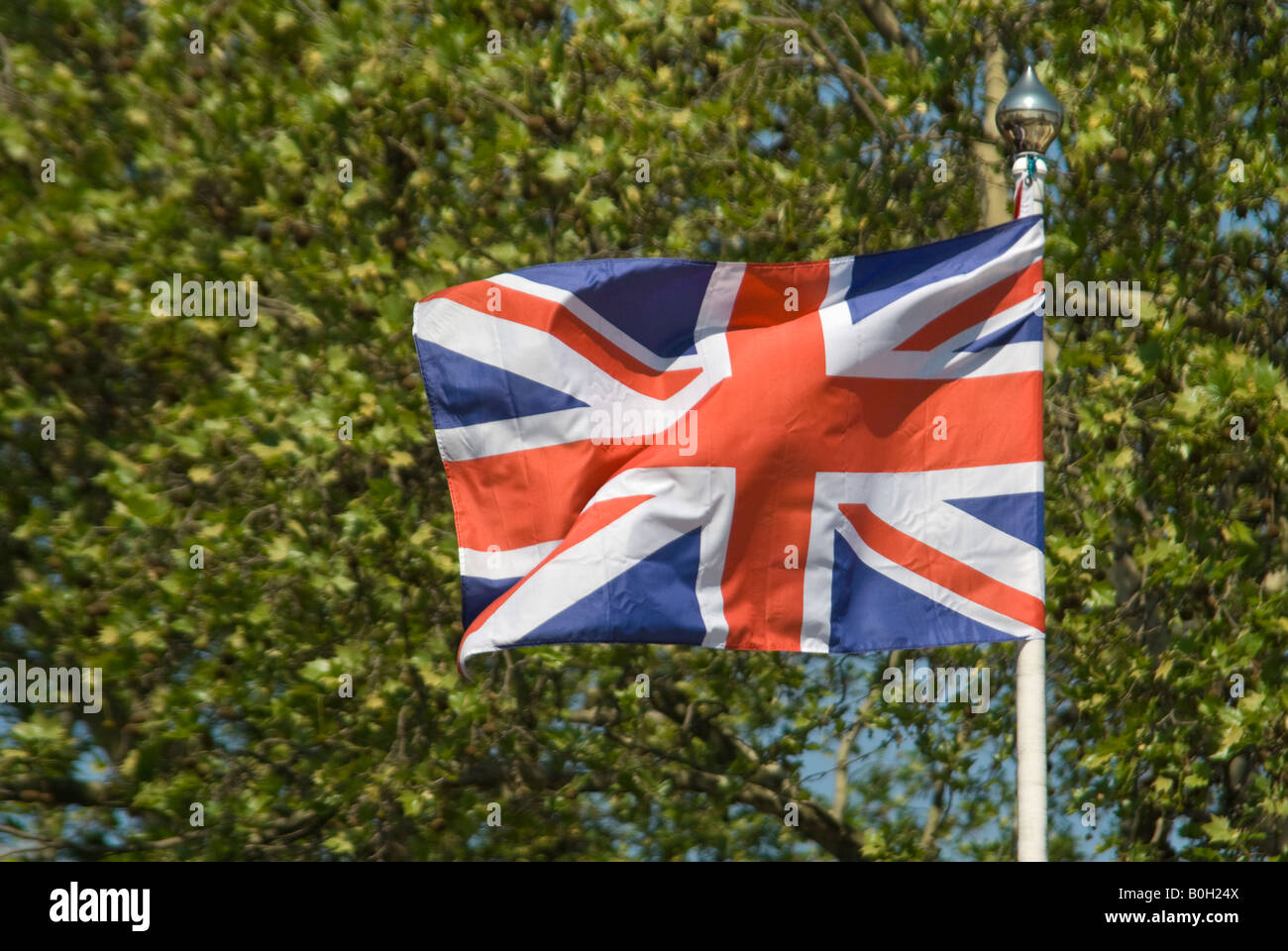 Horizontal close up of the back of a Union Jack flag against trees in ...