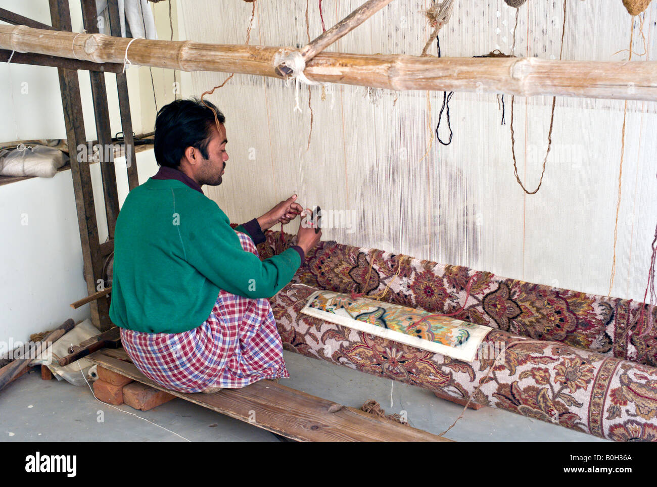 INDIA JAIPUR Young Indian craftsman working with a pattern and wool ...