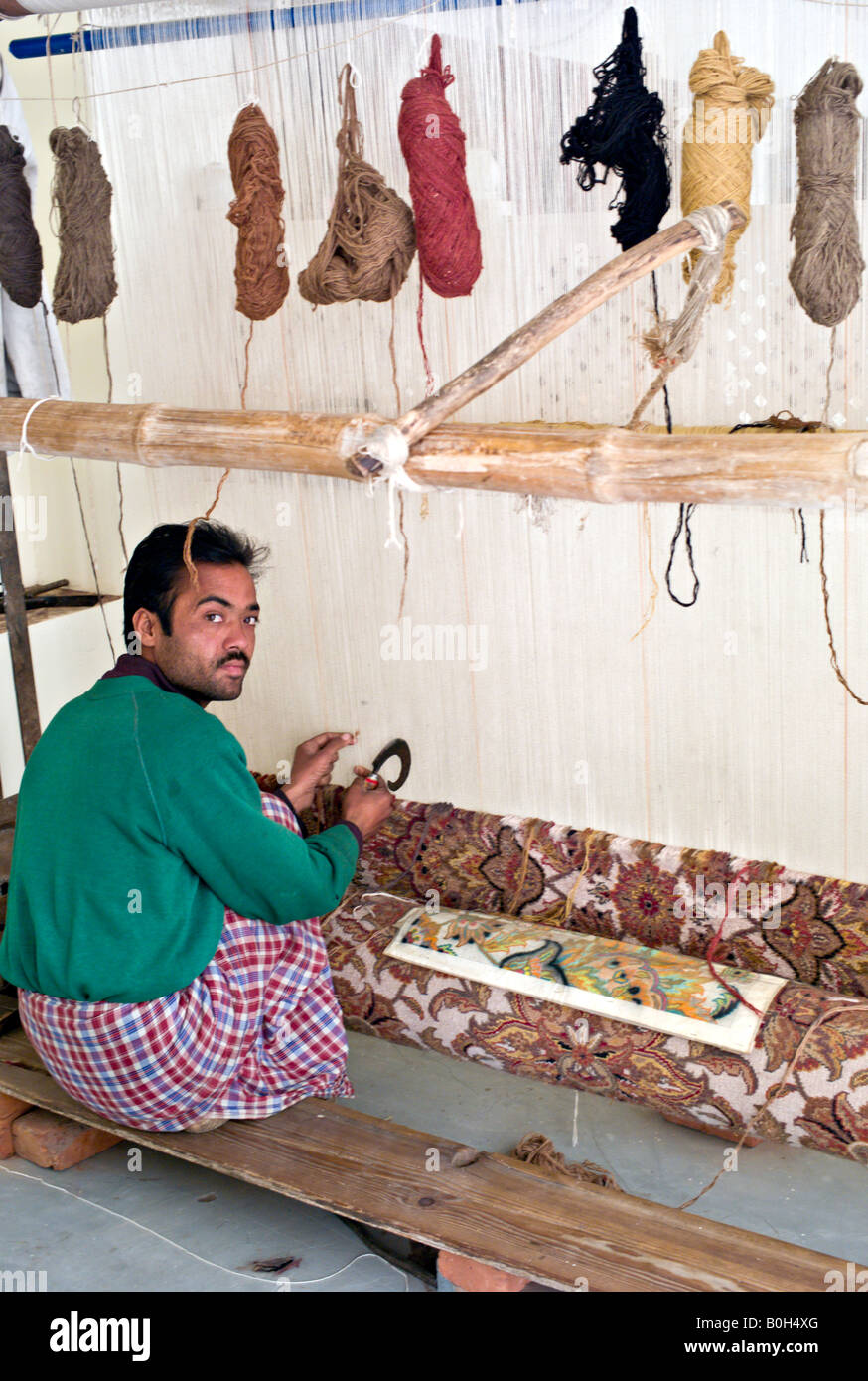 INDIA JAIPUR Young Indian craftsman working with a pattern and wool ...