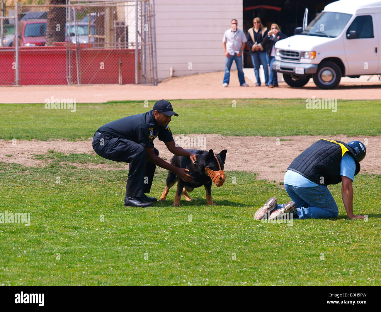 African American police officer pulls his dog off of decoy bad guy ...