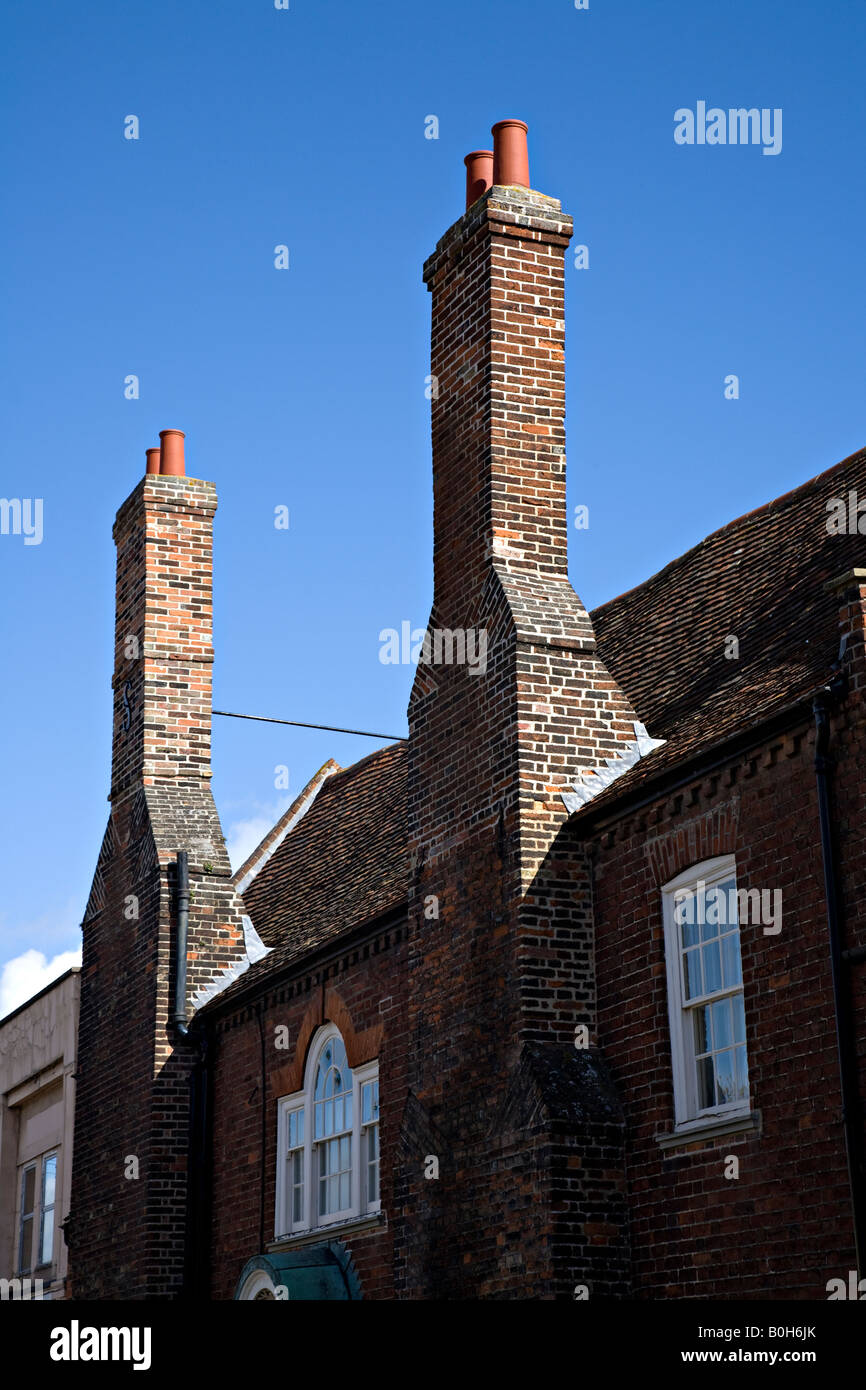 Tall brick chimneys on the old King James I palace in Royston England ...