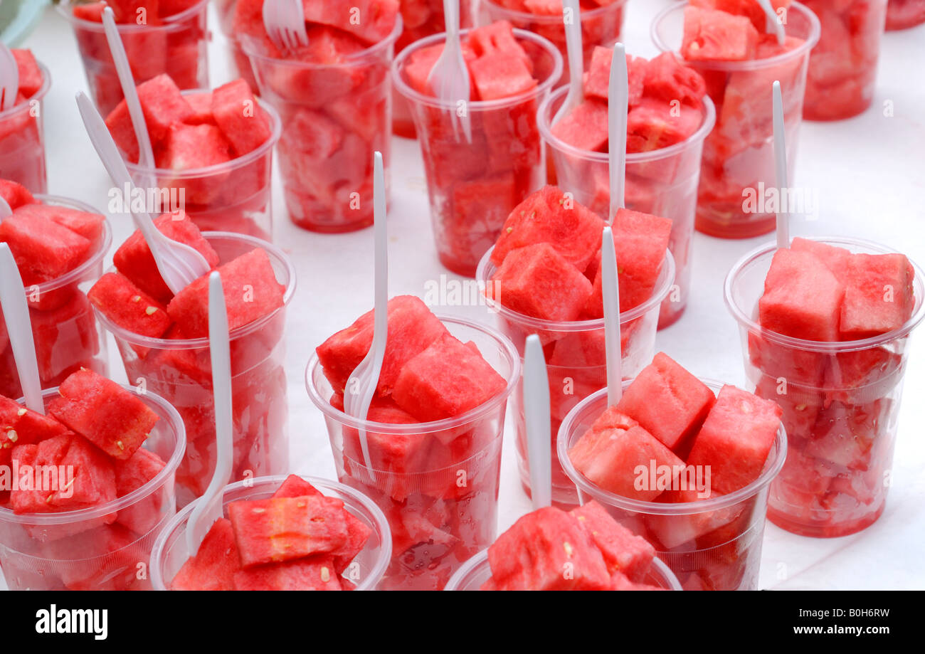 Cubes of fresh water melon as snacks Stock Photo - Alamy