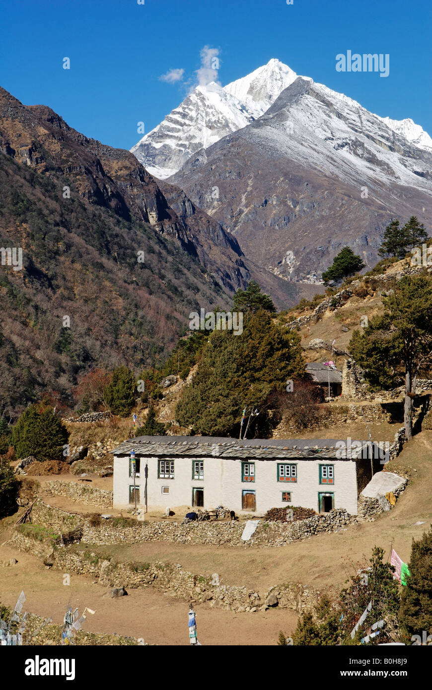 Sherpa farm dwarfed by snow capped mountain peaks in the Dudh Koshi ...