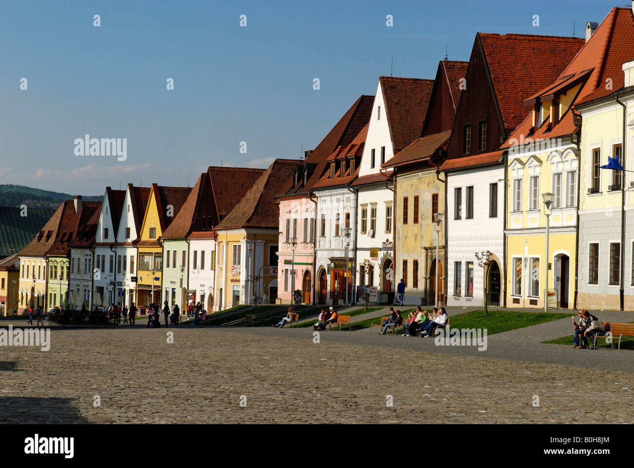 Historic town square of Bardejov surrounded by park benches and ...