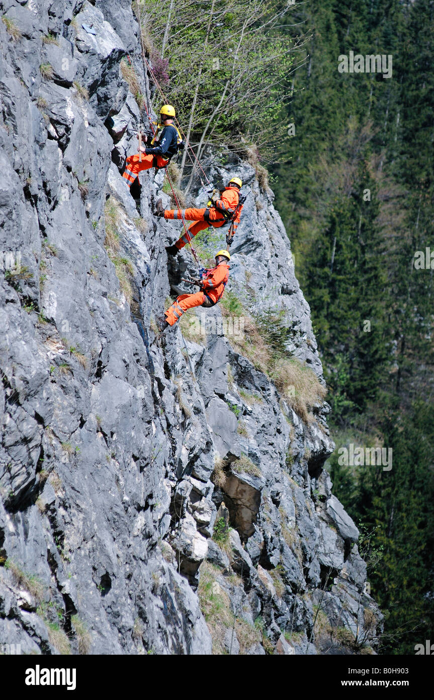 Professional mountain climbers securing loose rock on a cliff, rock ...