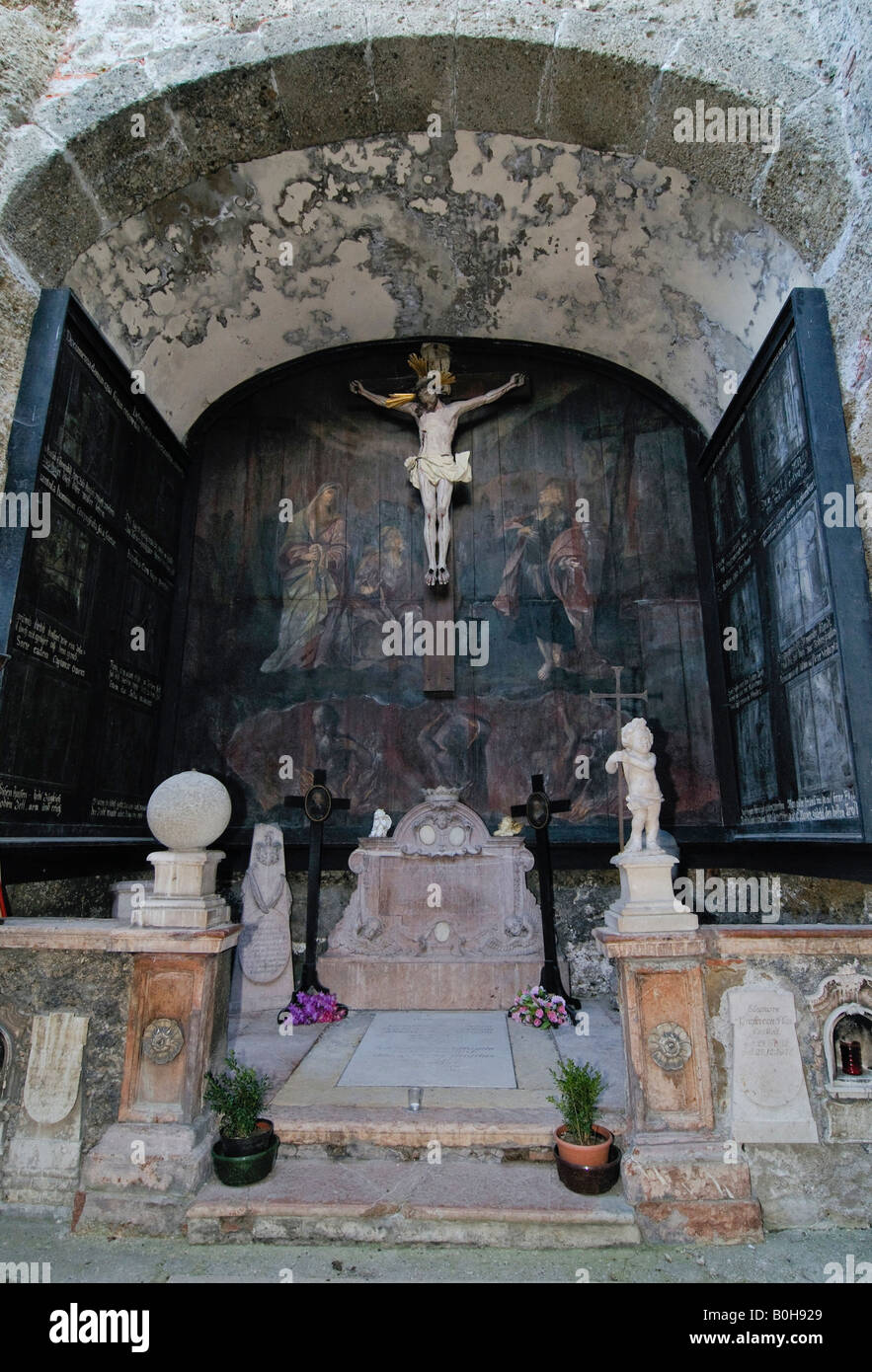 Tomb in front of the entrance to the catacombs of the Petersfriedhof or ...