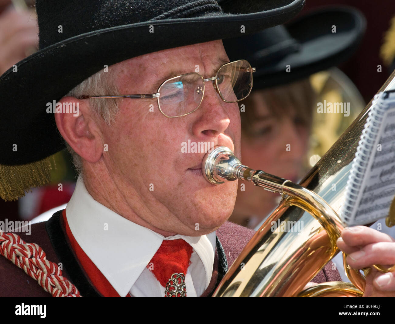 Musician wearing traditional costume, playing the tuba, Zillertaler ...