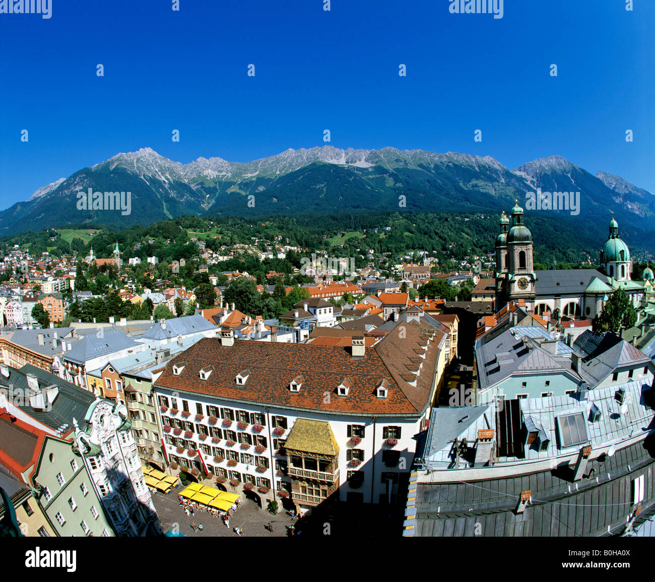 Panoramic view over Innsbruck from the Goldenes Dachl tower, Karwendel ...