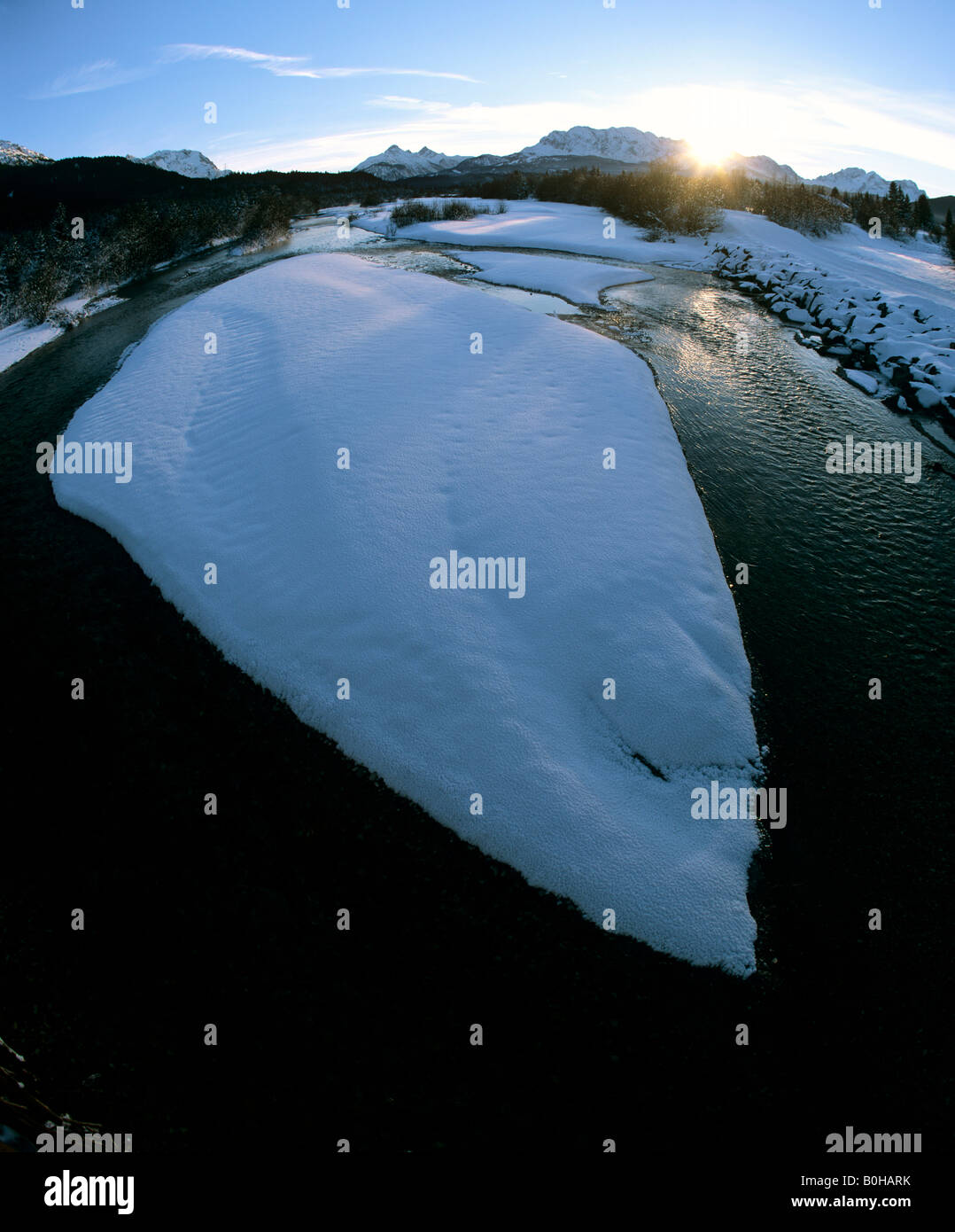 Isar River near Wallgau, winter, fisheye, Upper Bavaria, Bavaria ...