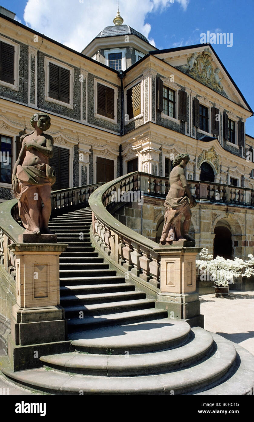 Grand staircase leading up to rear entrance to Schloss Favorite ...