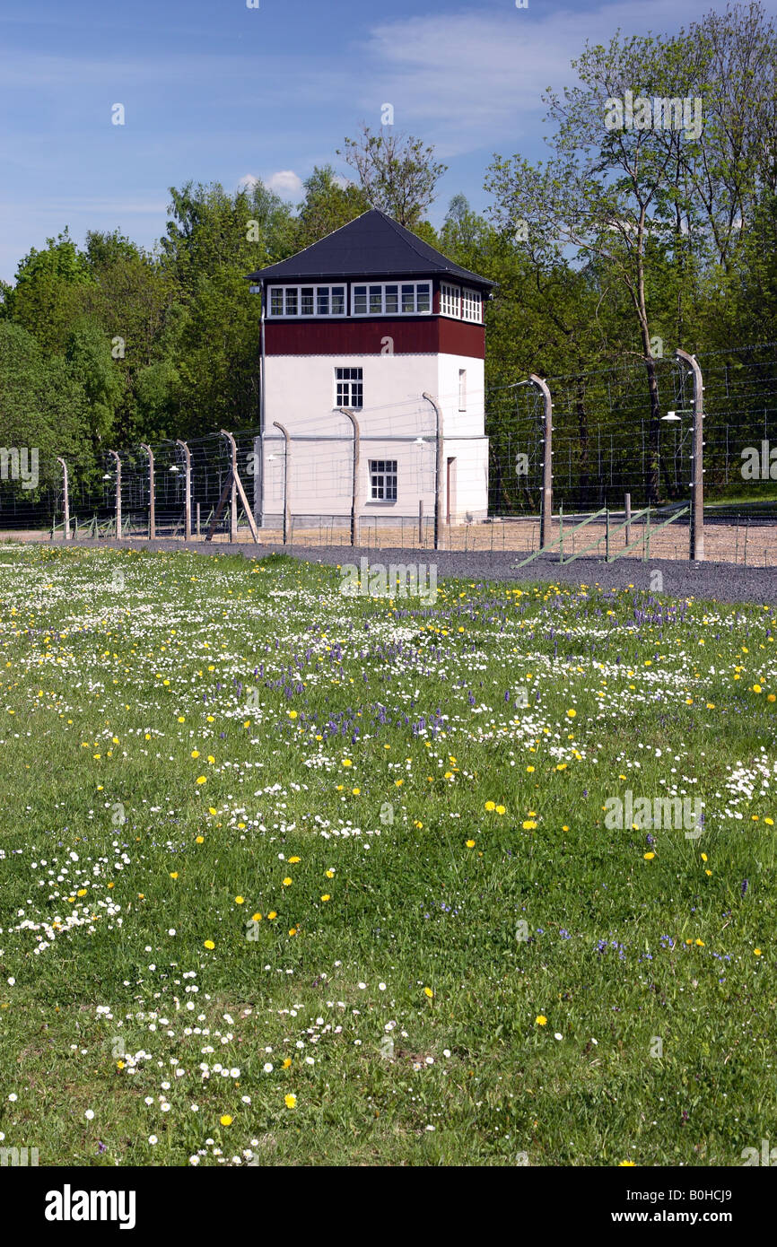 A watchtower at the Nazi concentration camp of Buchenwald near Weimar ...