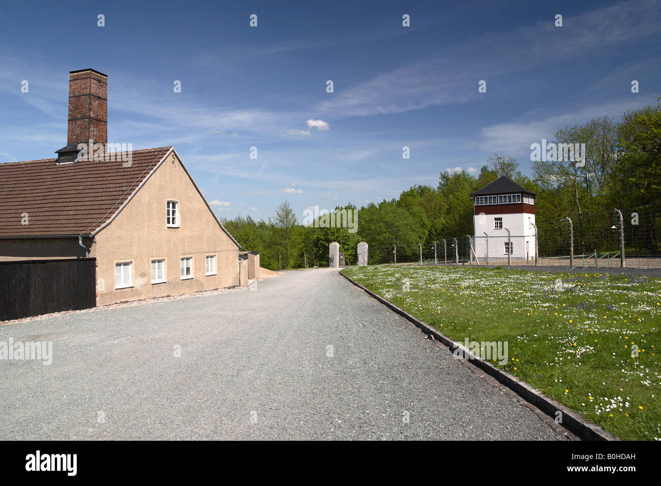 The crematorium and a watchtower at the Nazi concentration camp of ...
