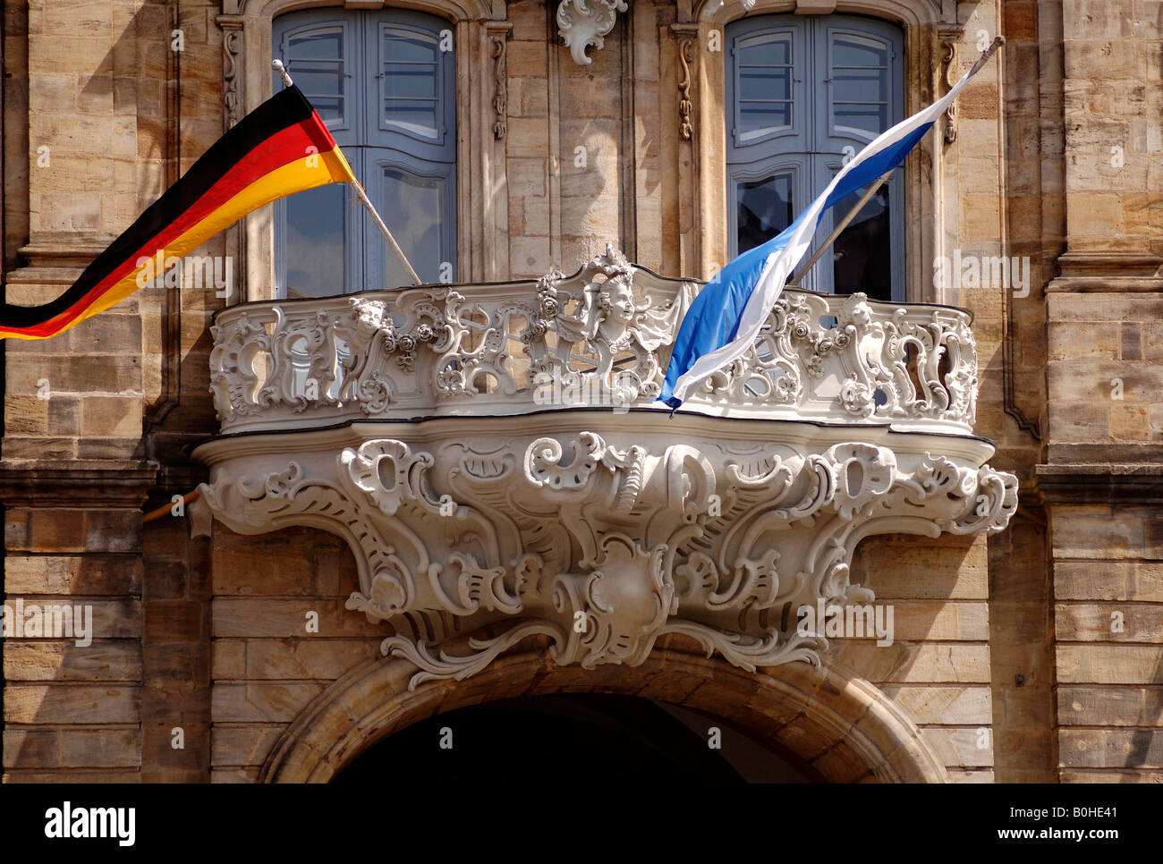 Balcony on the Old Town Hall, flags, Bamberg, Upper Franconia, Bavaria ...